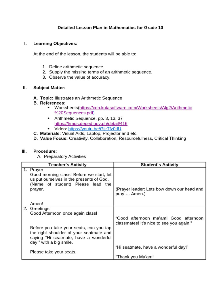 Detailed Lesson Plan | PDF | Sequence | Lesson Plan
