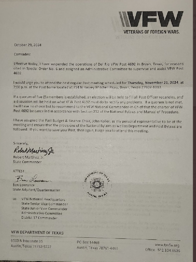 Bryan VFW Post 4692 Letters | PDF