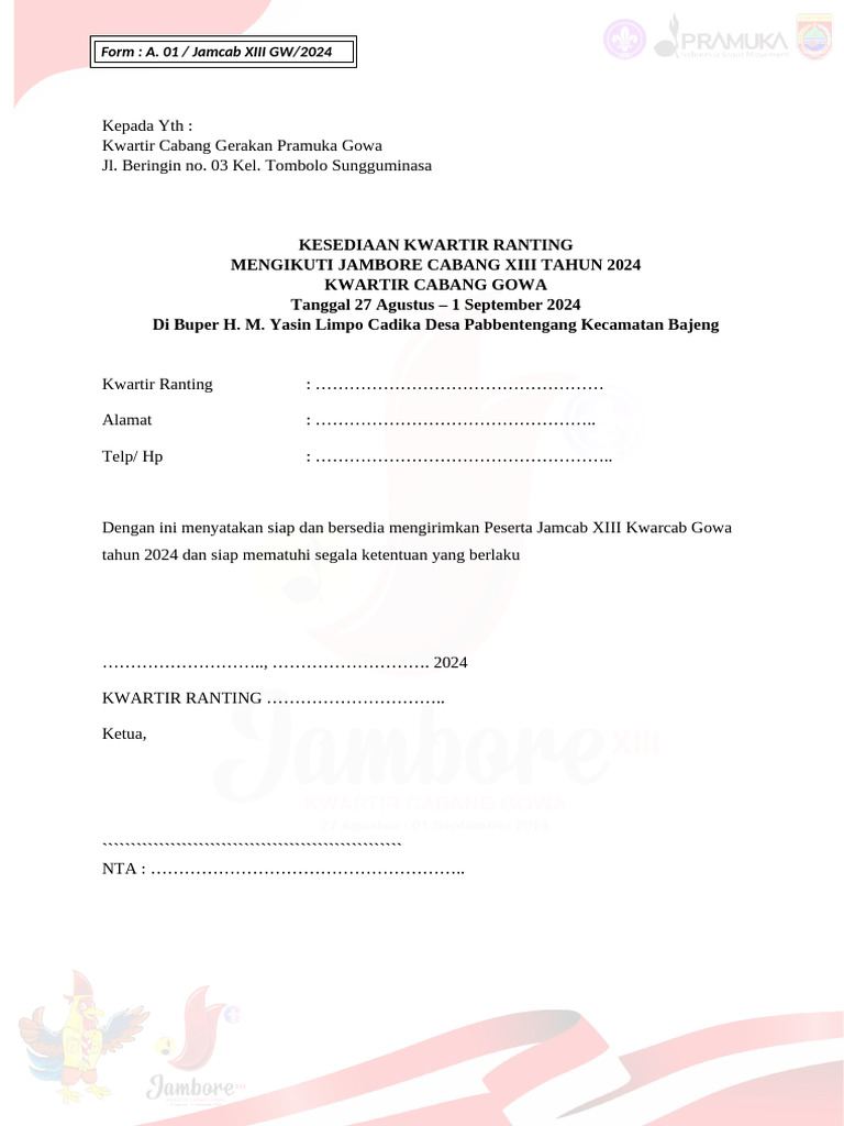 Smpit Al Qalam Gowa Boarding School Form Kesediaan Kwartir | PDF