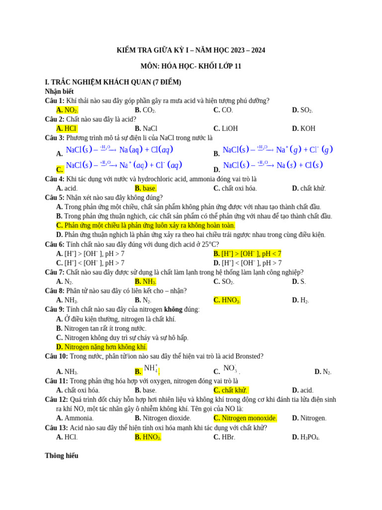 23 - 24. Đề LT Hóa 11- GHKI | PDF
