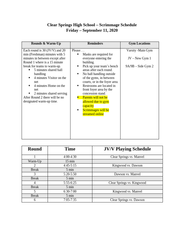 Clear Springs Scrimmage Schedule Sep 11 | PDF