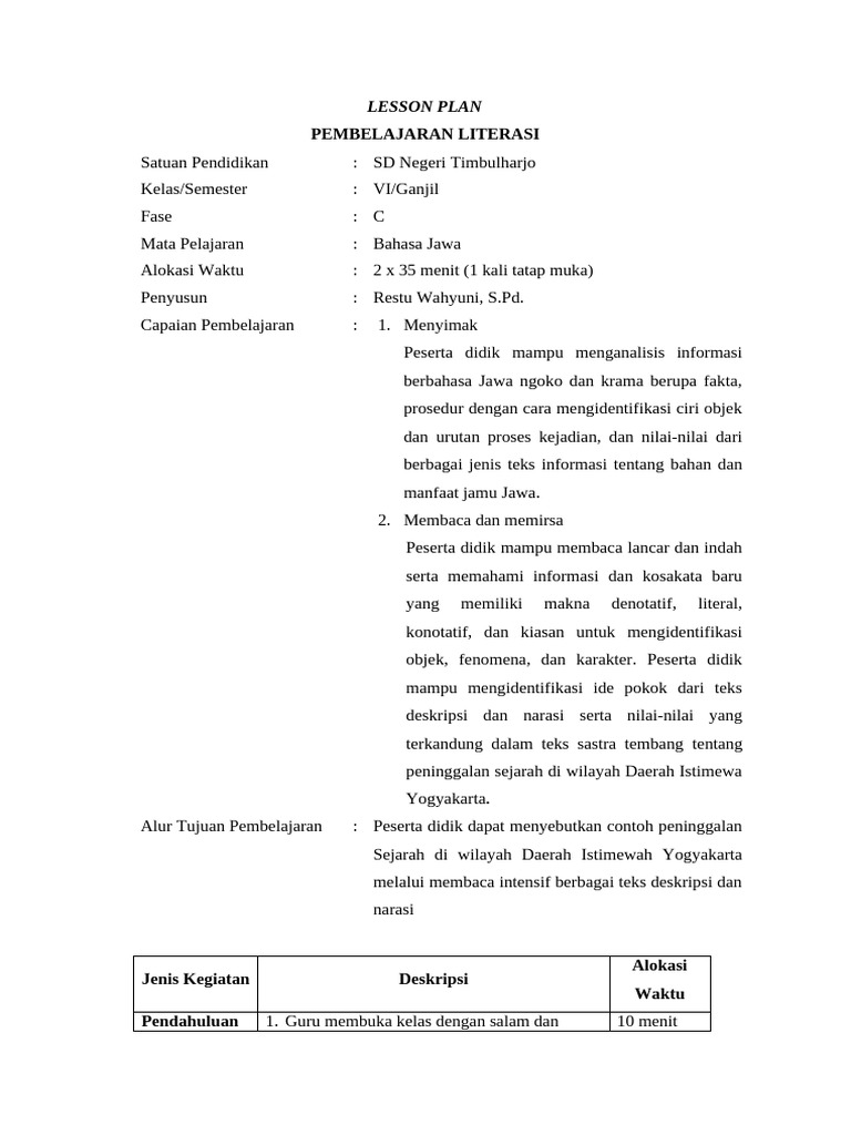 Restu Wahyuni-Lesson Plan Pemb Literasi | PDF