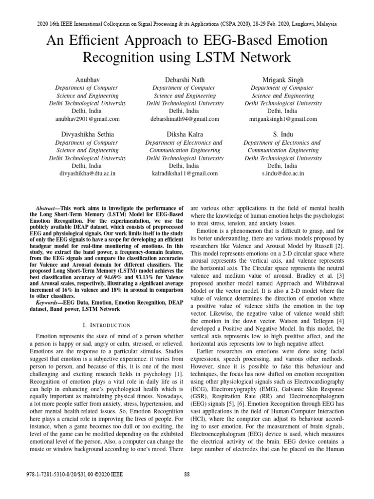 An Efficient Approach To EEG-Based Emotion Recognition Using LSTM Network | PDF ...