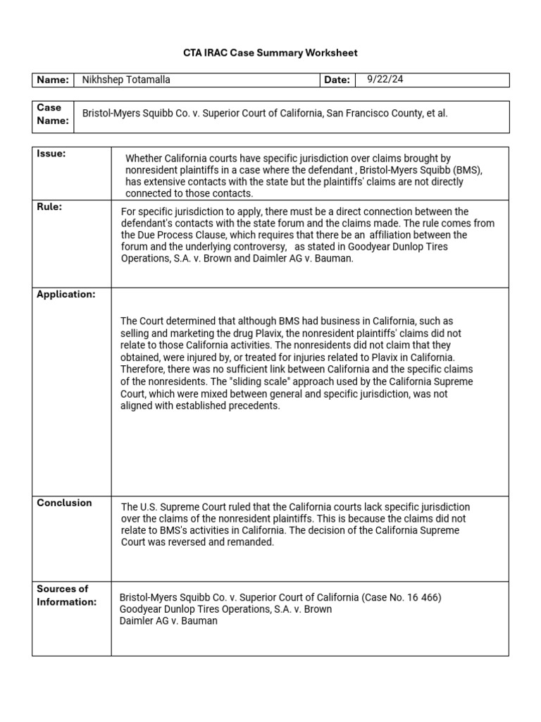 CTA IRAC Case Summary Worksheet | PDF