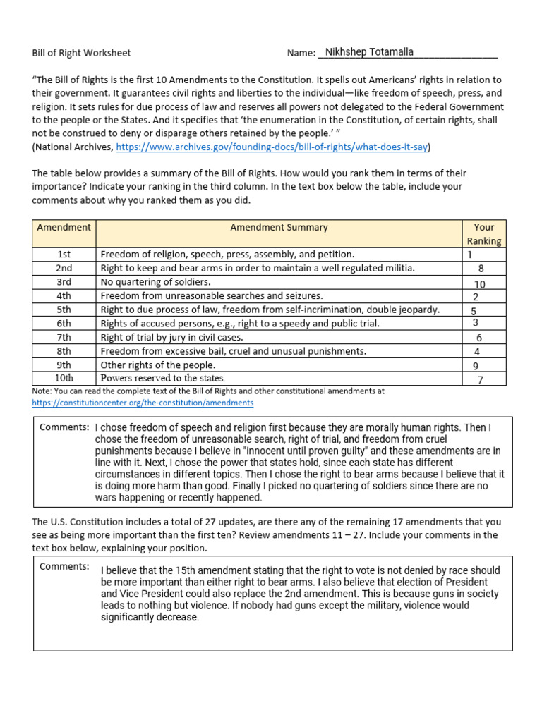 Bill of Right Worksheet | PDF | United States Bill Of Rights | The ...