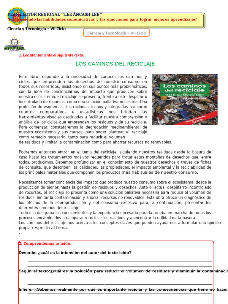 Plan Lector Los Caminos Del Reciclaje | PDF | Residuos | Reciclaje