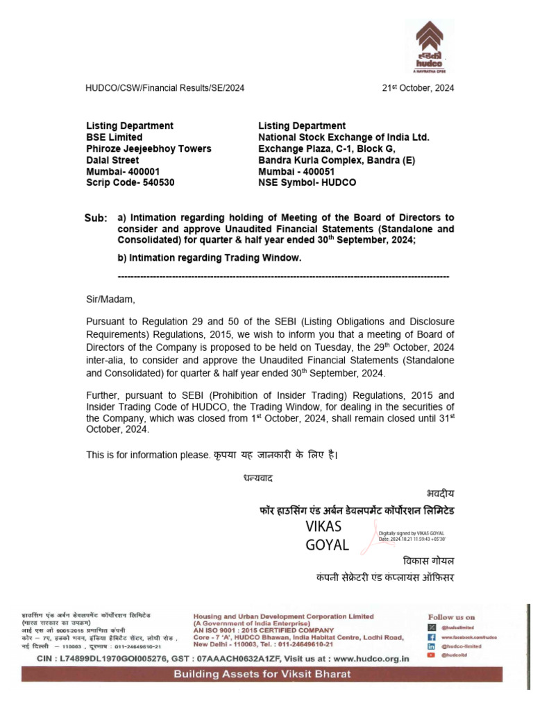 Vikas Goyal: Hudco/Csw/Financial Results/Se/2024 21 October, 2024 | PDF ...