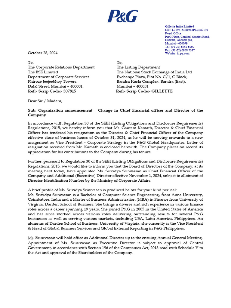 Gillette India CFO Change 2024 | PDF | Business | Corporations