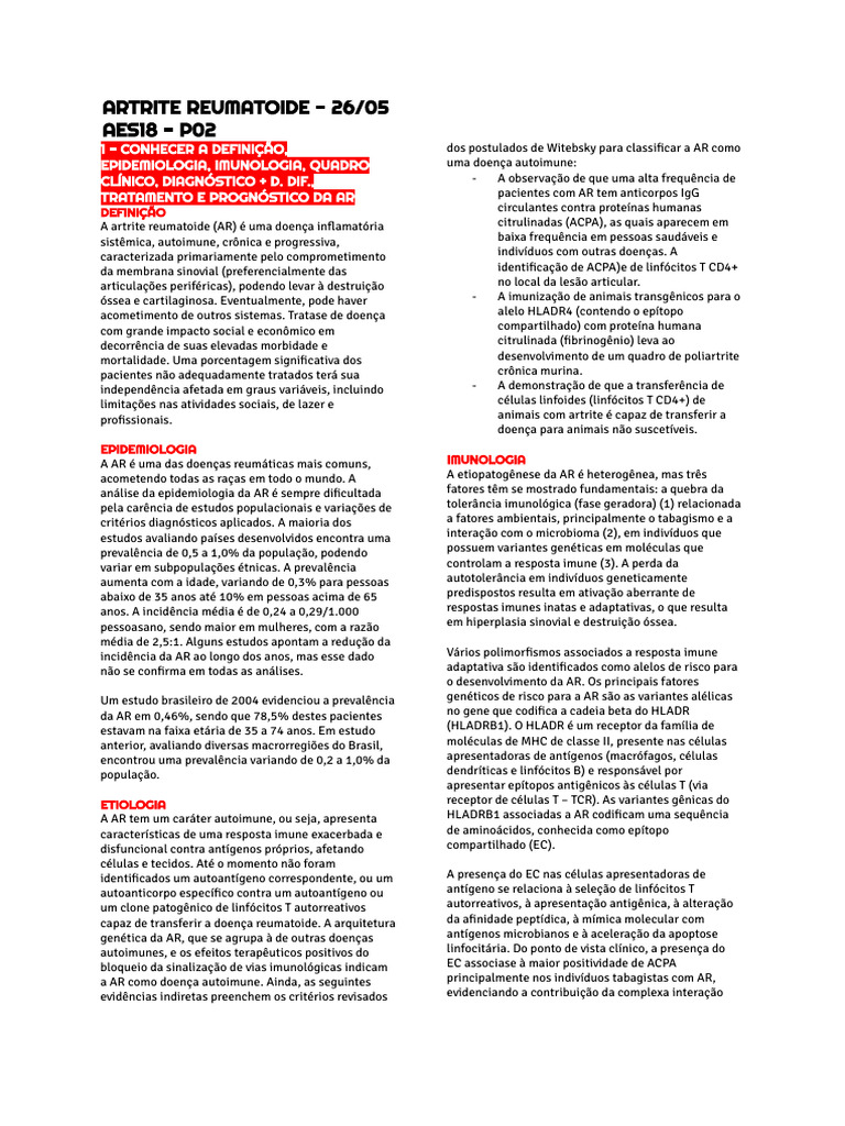 AES18 - P02 - Artrite Reumatoide | PDF | Sistema imunológico | Artrite