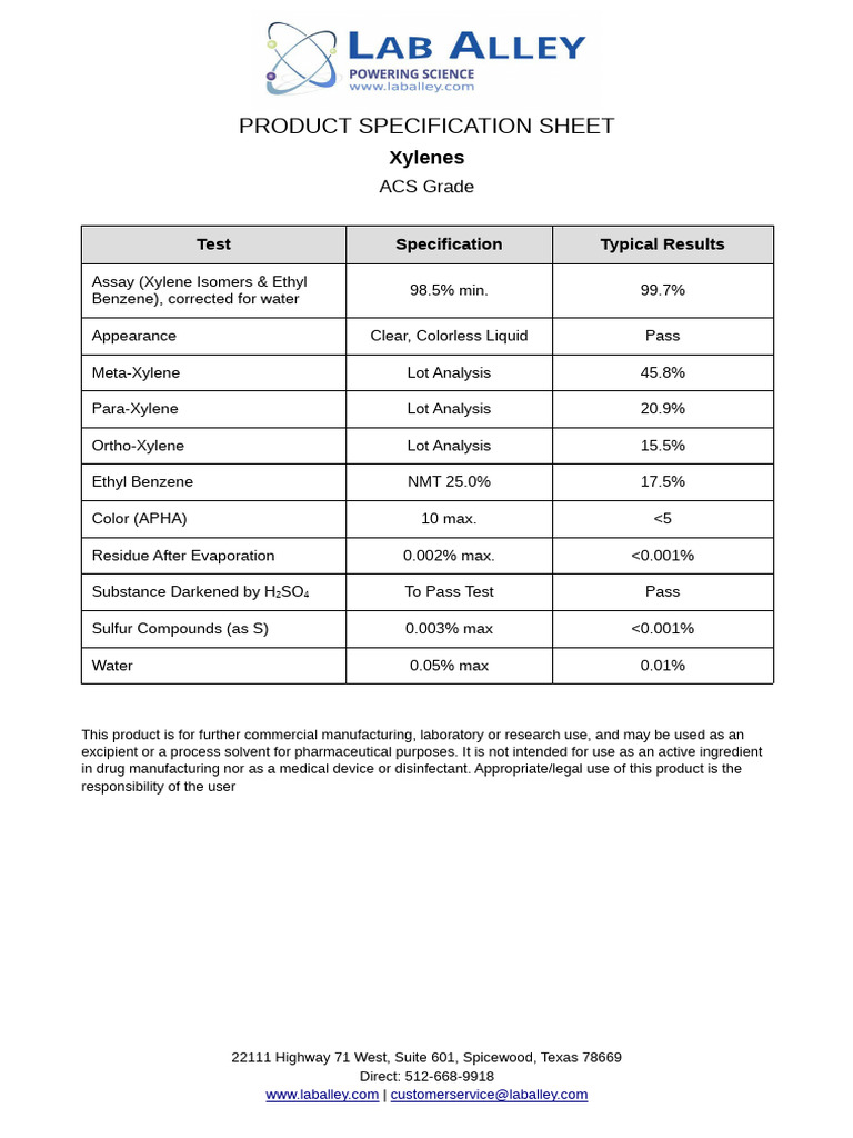 Xylenes Acs Grade Specification Sheet 6537aa993db6a | PDF | Science & Mathematics