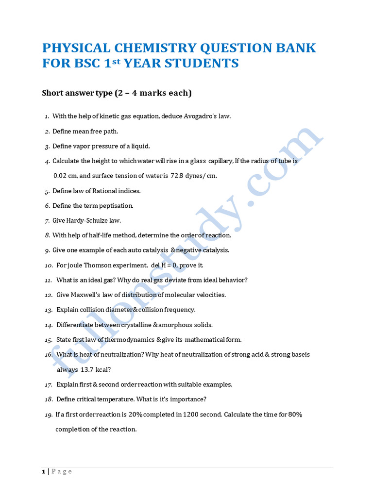 Physical Chemistry Question Bank BSc 1st Year | PDF | Gases | Liquids