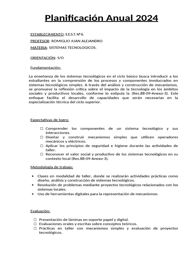 Planificación EEST Nº6 2024 | PDF | Evaluación | Diseño
