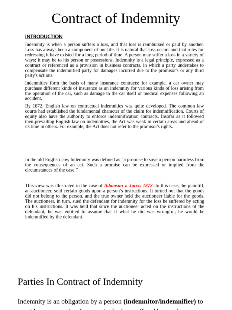 Contract of Indemnity Explained | PDF | Indemnity | Civil Law (Legal ...