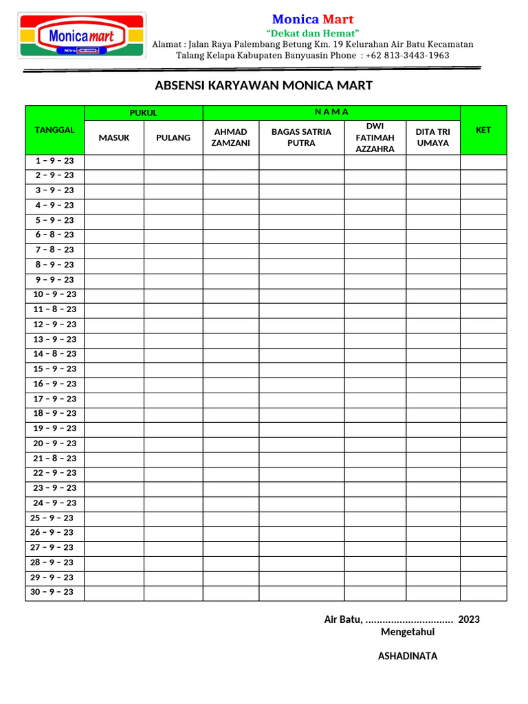 Absensi Karyawan Monica Mart September 2023 | PDF