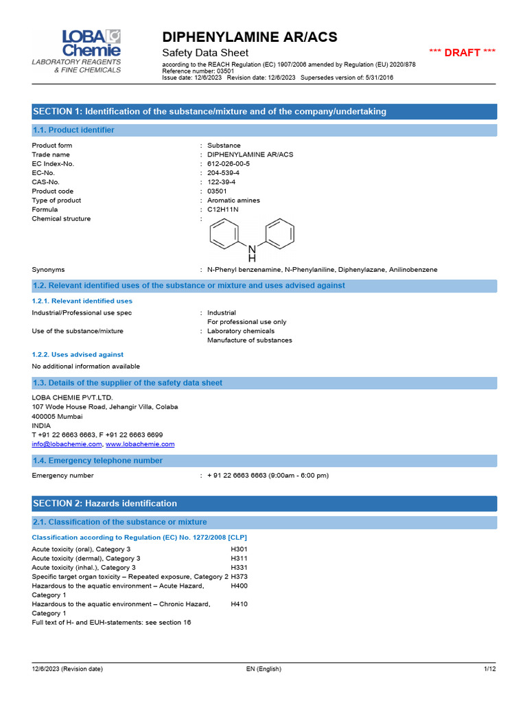 MSDS DIPHENYLAMINE CASNO 122 39 03501 EN - Aspx | PDF | Dangerous Goods ...