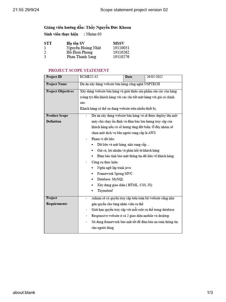Scope Statement Project Version 02 | PDF