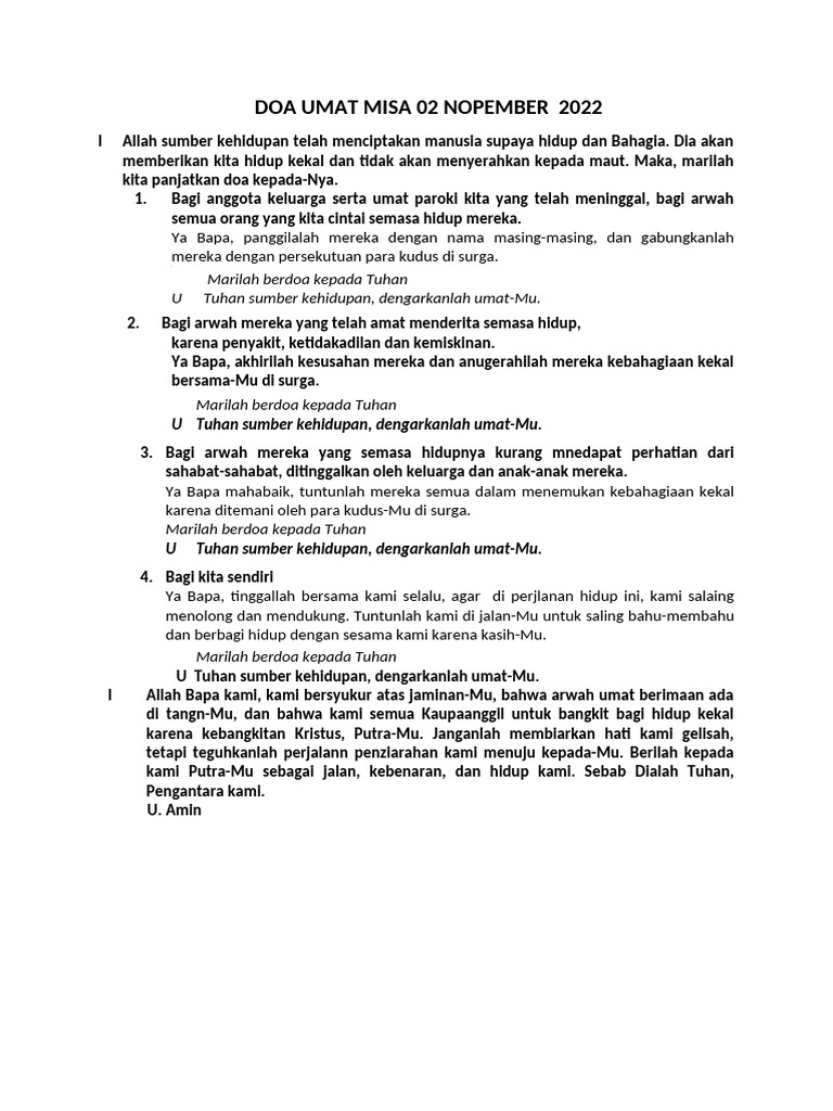 Doa Umat Misa 2 November 2022 | PDF | Memasak, Makanan, & Anggur ...