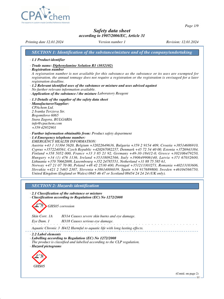 SD - Diphenylamine Solution R1 (1032102) (EU) | PDF | Toxicity ...