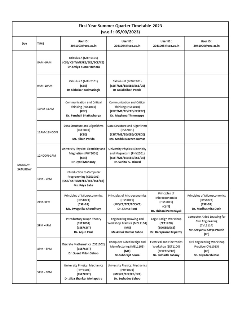 First Year Summer Timetable 2023 | PDF | Computer Engineering | Physical Sciences