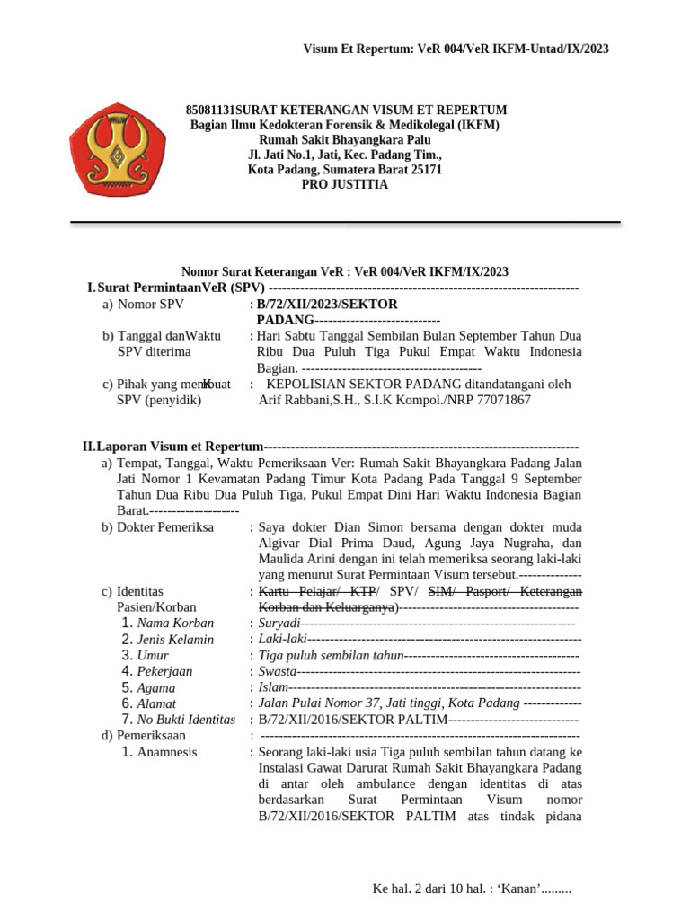 Laporan Visum Et Repertum Korban Hidup Kasus 4 | PDF
