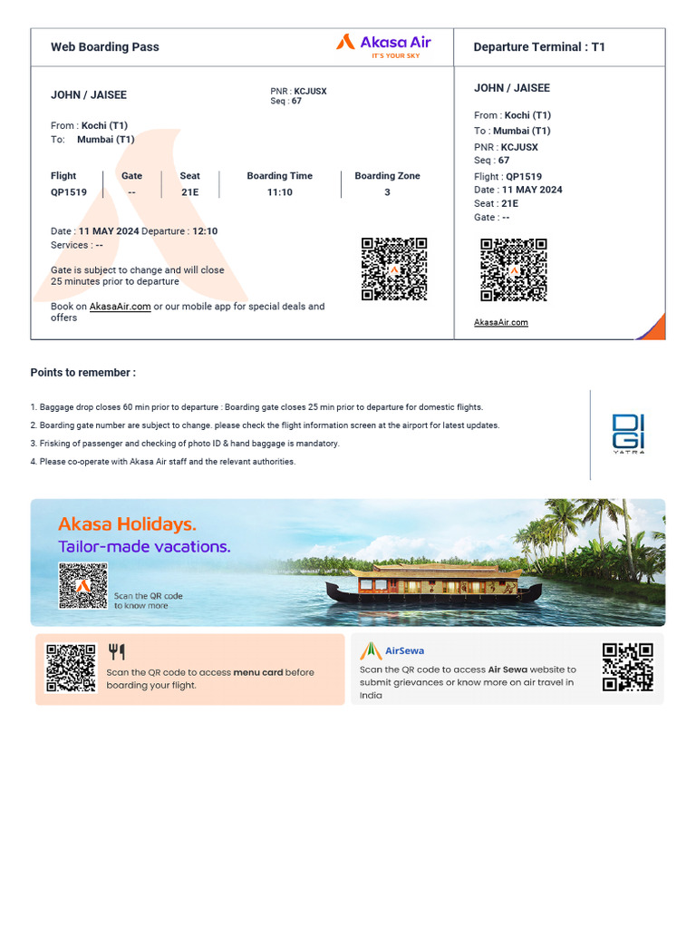 Akasa Air E-boarding Pass - KCJUSX - Jaisee | PDF