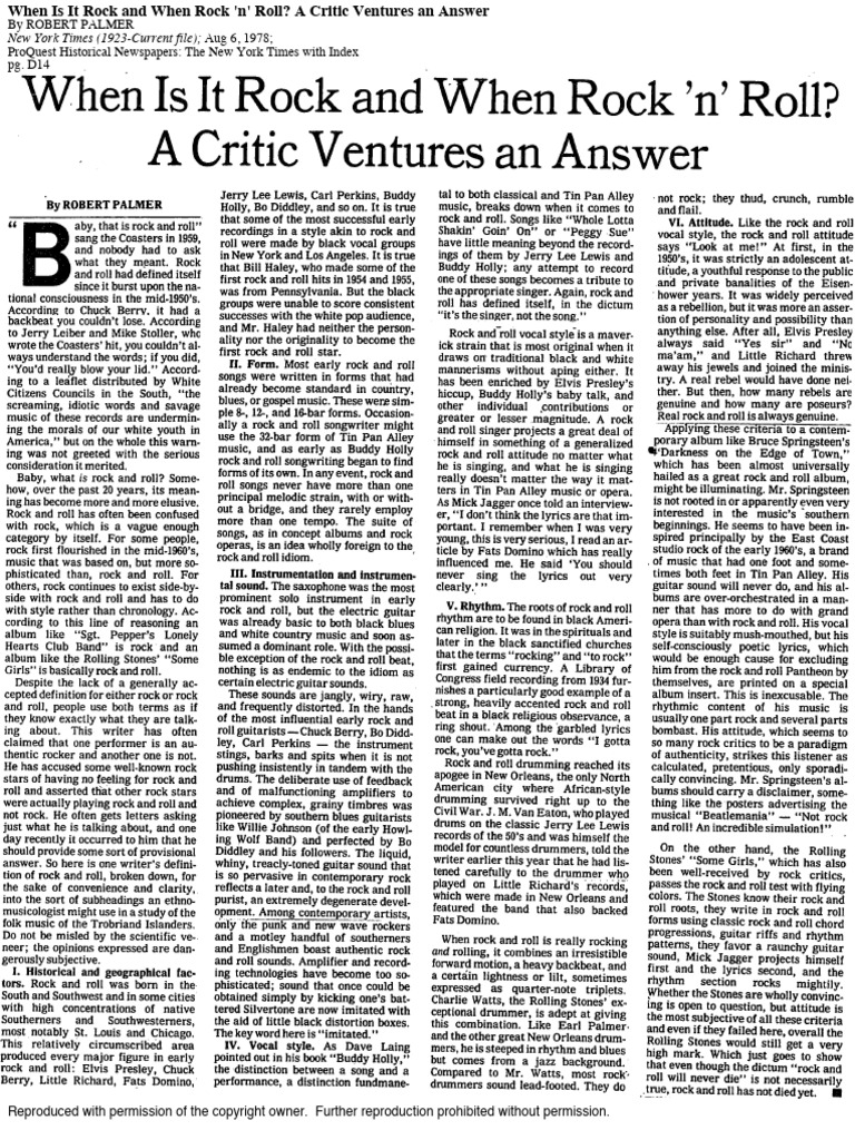 R. Palmer, 'When is it Rock and When Rock 'n' Roll - A Critic Ventures ...