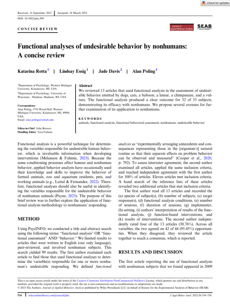 Rotta Et Al (2023) Functional Analyses of Undesirable Behavior by Nonhumans | PDF | Aggression ...
