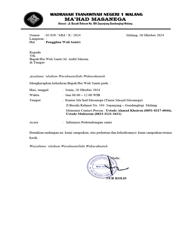 039 - Surat Panggilan Wali Santri - M. Aufal Marom | PDF | Agama & Spiritualitas