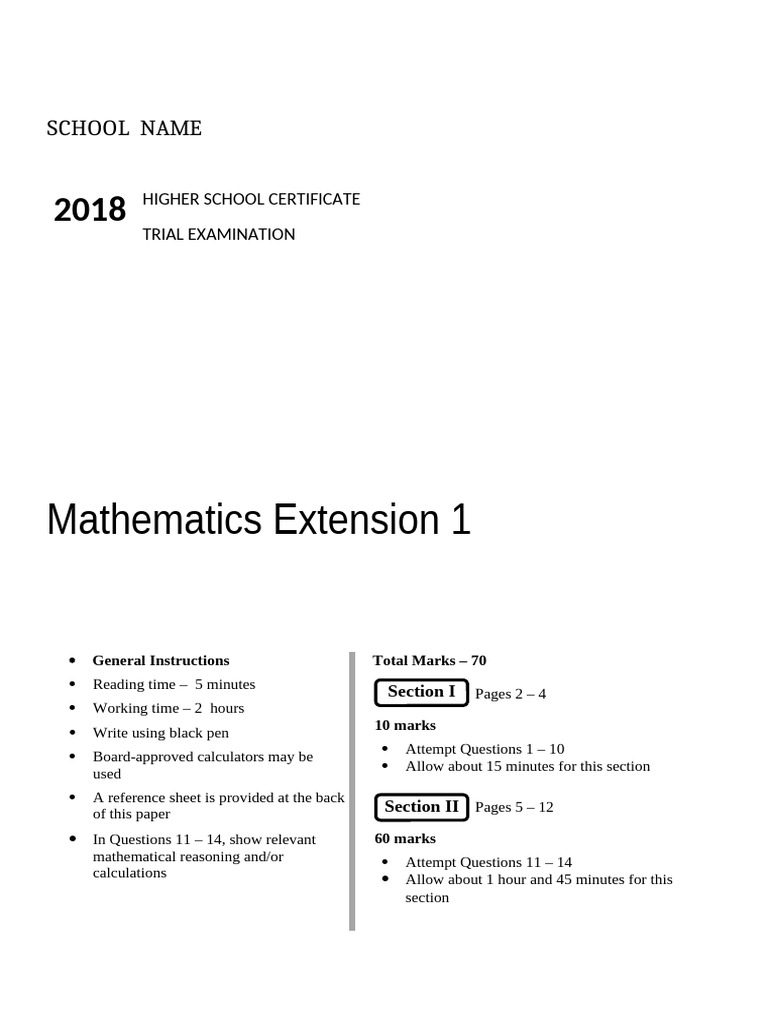 WME HSC Mathematics Ext1 Exam 2018 | PDF | Equations | Mathematics