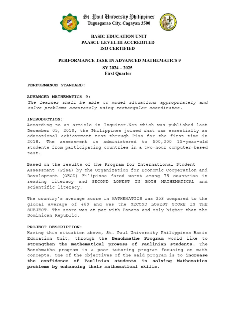 Adv. Math 9 Peta Q1 24 25 | PDF | Mathematics | Programme For International Student Assessment