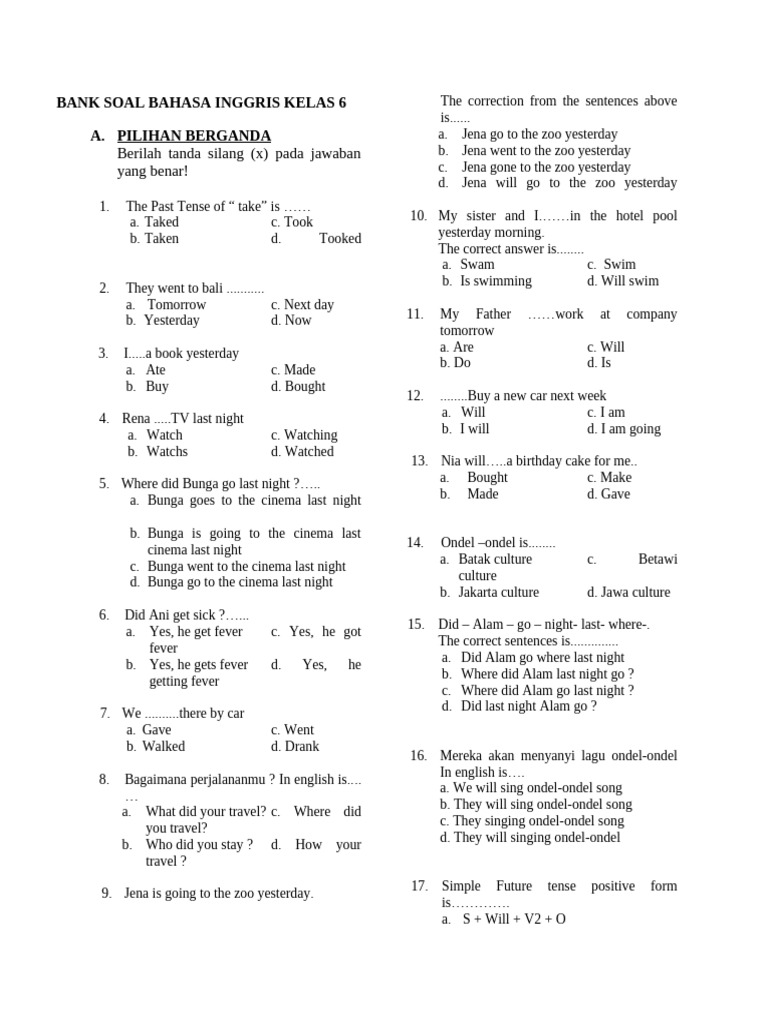 Bank Soal Bahasa Inggris Kelas 6 | PDF | Language Mechanics | Grammar