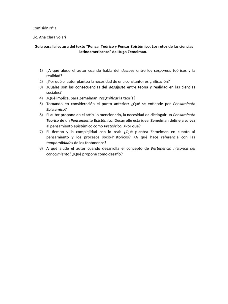 Guia de Lectura Texto Zemelman | PDF | Ciencias sociales | Filosofía