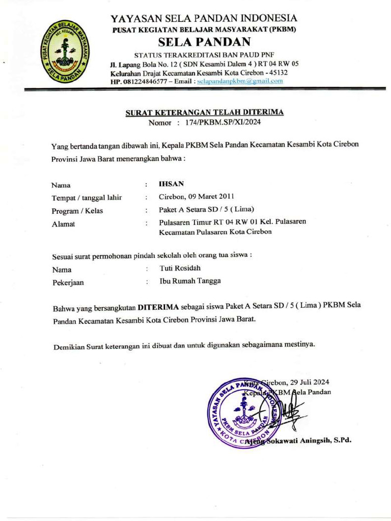 Surat Keterangan Diterima Ihsan | PDF