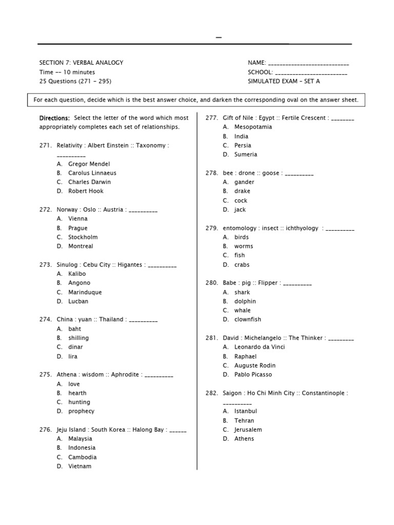 Verbal Analogy Test | PDF