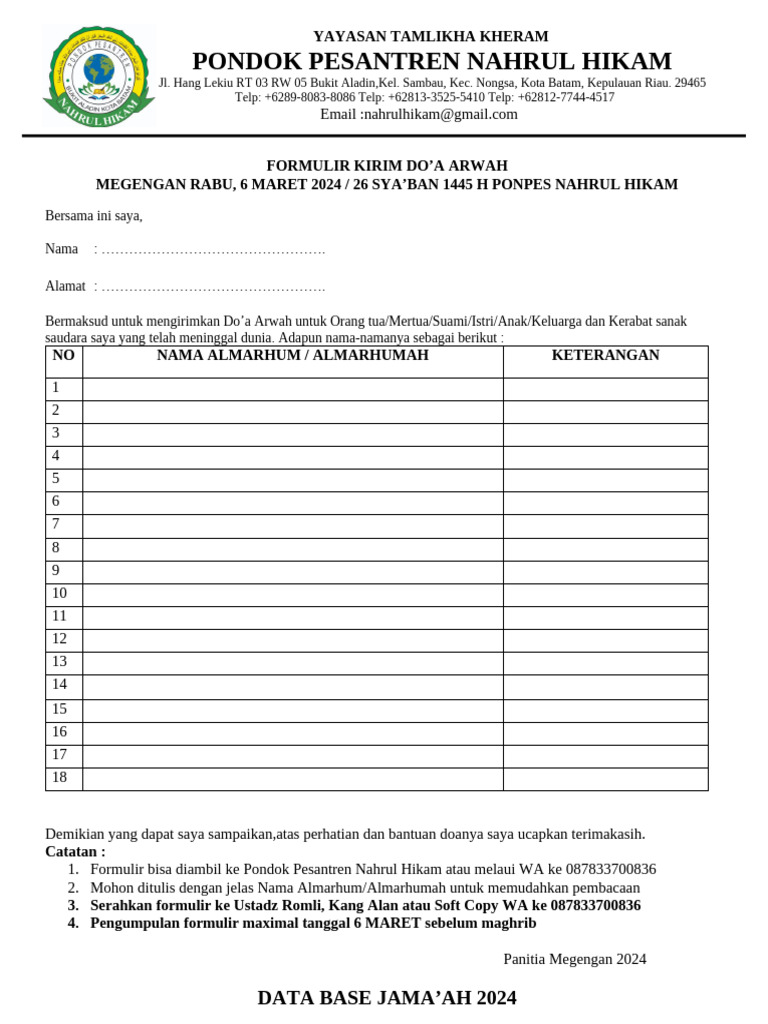 Formulir Megengan Dan Data Base Jama'ah 2024 | PDF