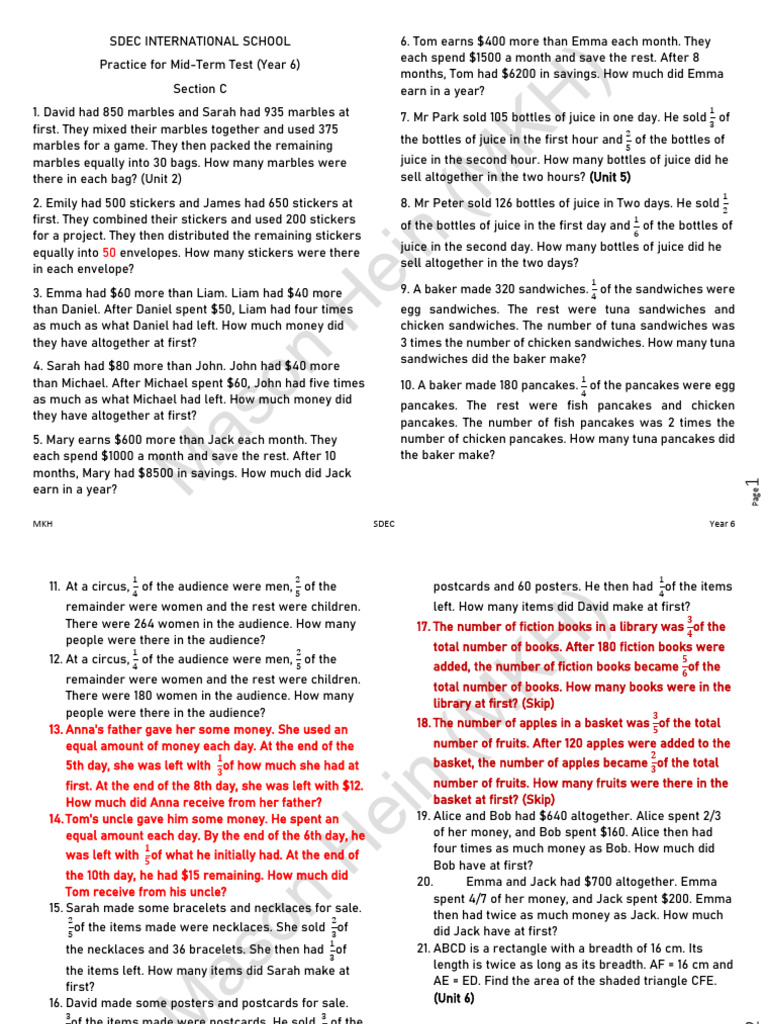 Year 6 Mathematics Section C Practice Mid | PDF | Litre | Area