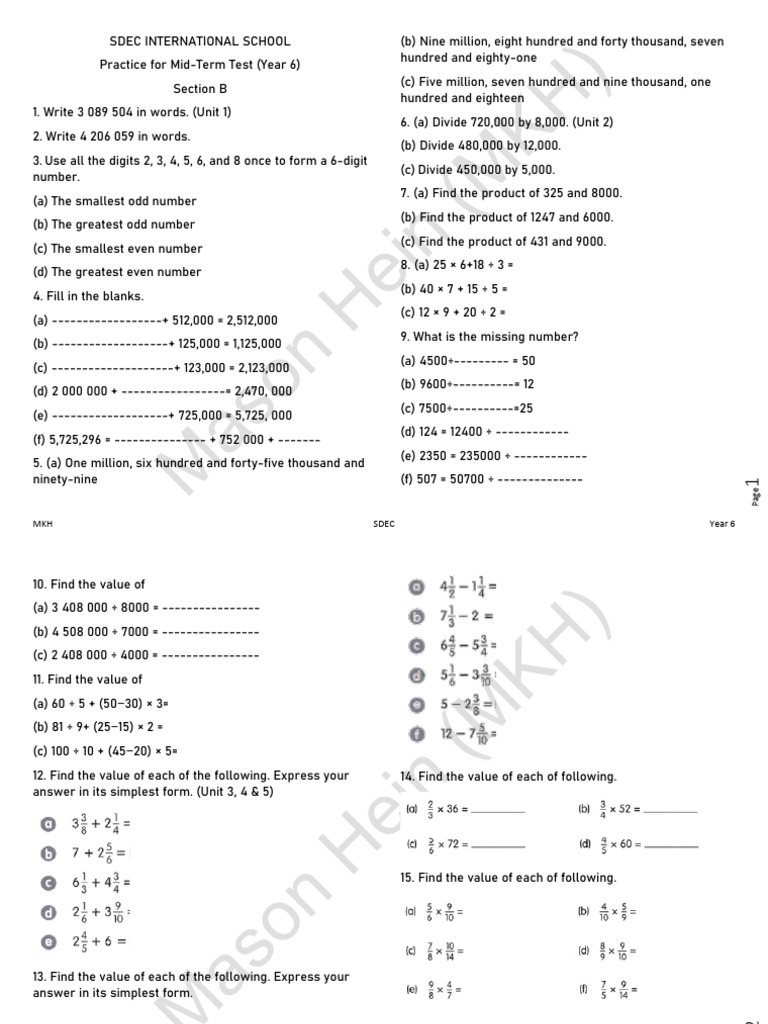 Year 6 Mid-Term Test Practice Guide | PDF | Area | Euclidean Geometry