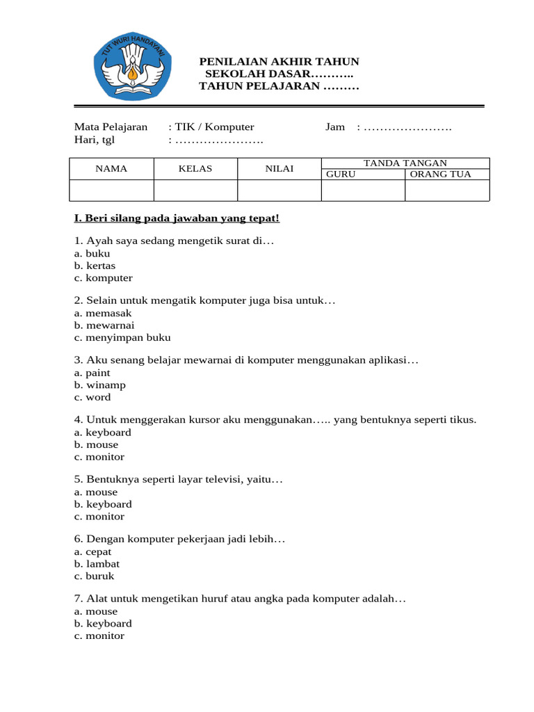 Soal Pat Tik Kelas 1 SD | PDF
