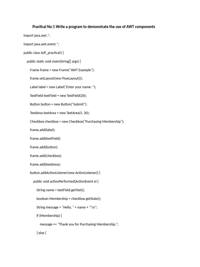 Practical No:1 Write A Program To Demonstrate The Use of AWT Components | PDF