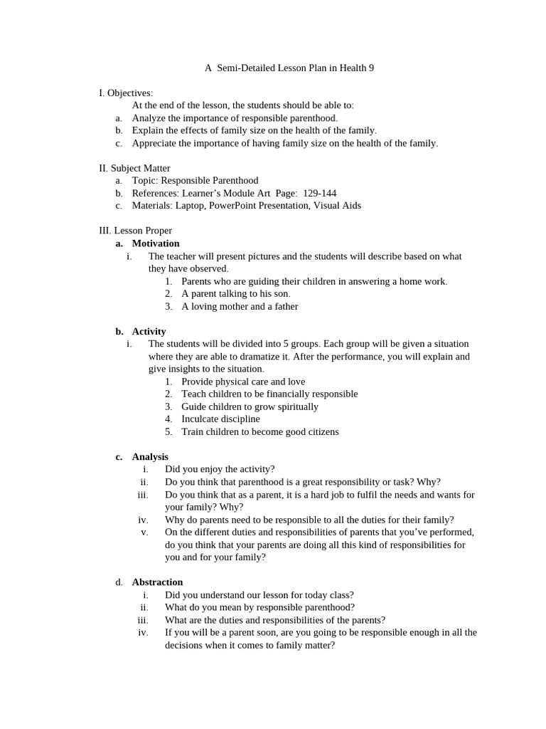Semi-Detailed Lesson Plan | PDF | Lesson Plan | Parenting