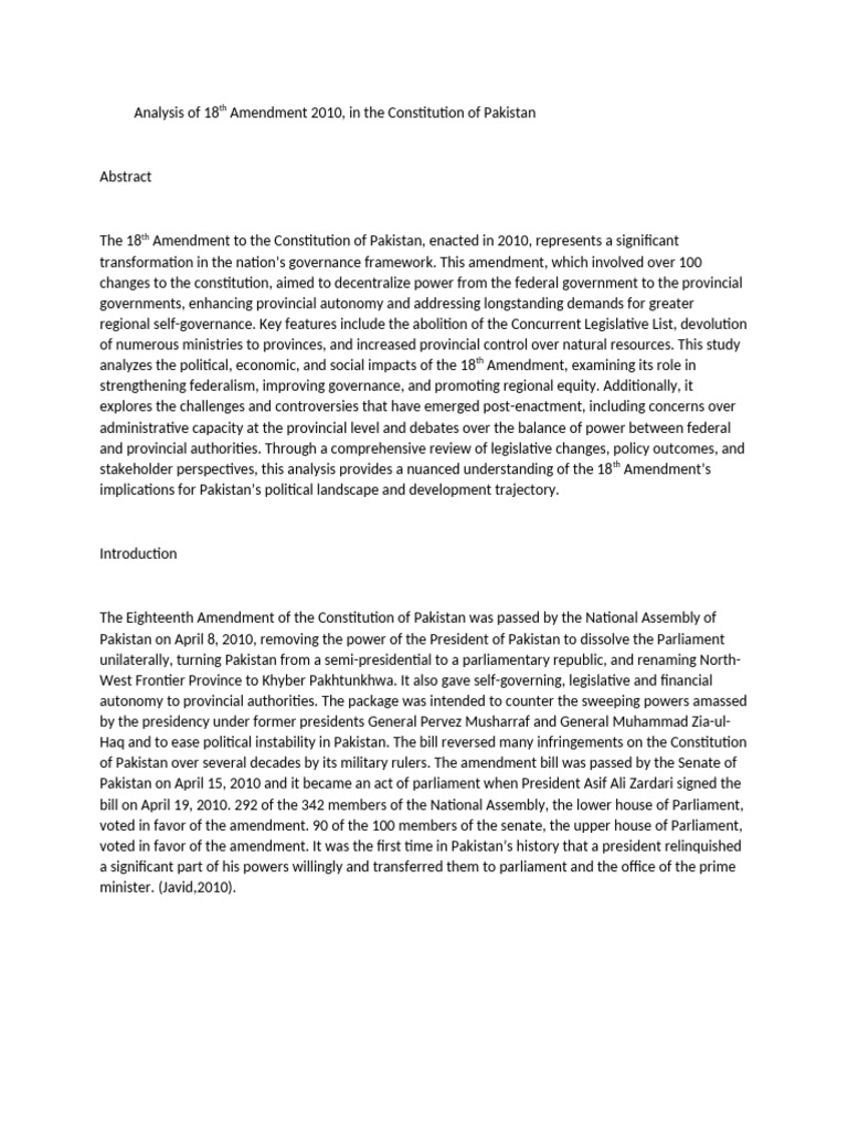 18th Amendment 2010: Impact on Pakistan's Governance | PDF | Parliament ...