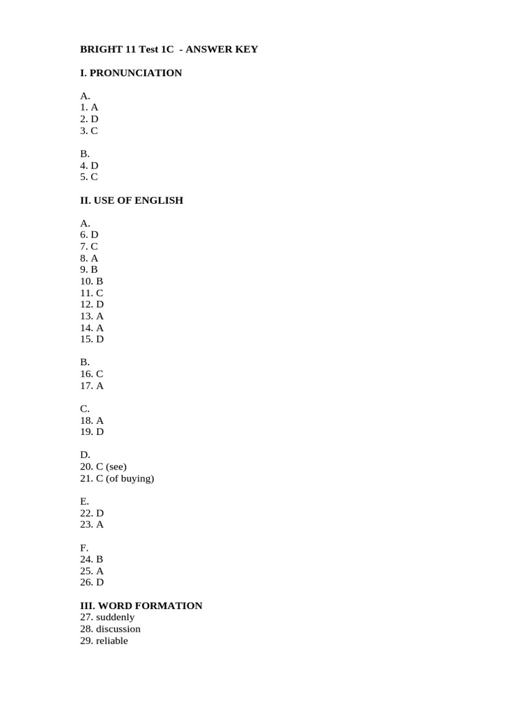 Bright 11 Test 1C Answer Key (18!1!2023) | PDF