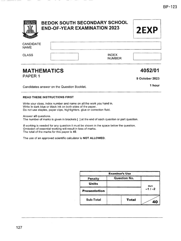 Math - Sec2 - SA2 - 2023 - Bedok South Sec | PDF | Equations | Mathematics