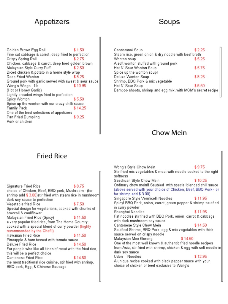 Wongs Menu | PDF | Curry | Thai Cuisine