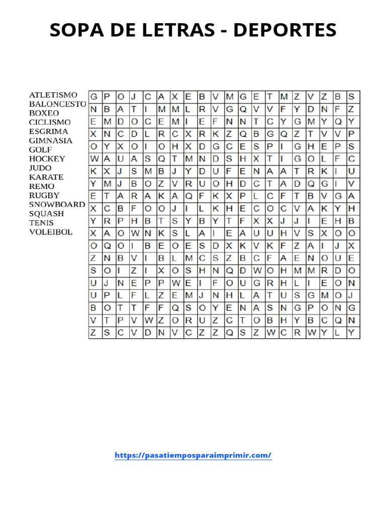 Sopa de Letras para Imprimir - Nombres de Deportes | PDF