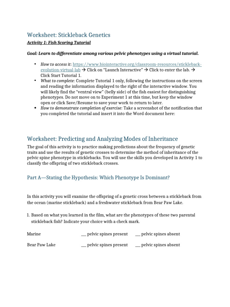 Stickleback Genetics Worksheet | PDF | Genetics | Evolutionary Biology