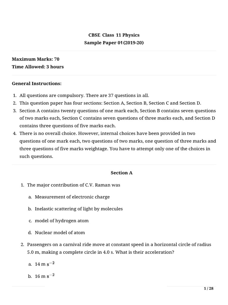 Sample Paper 01 (2019-20) | PDF | Rotation Around A Fixed Axis | Waves