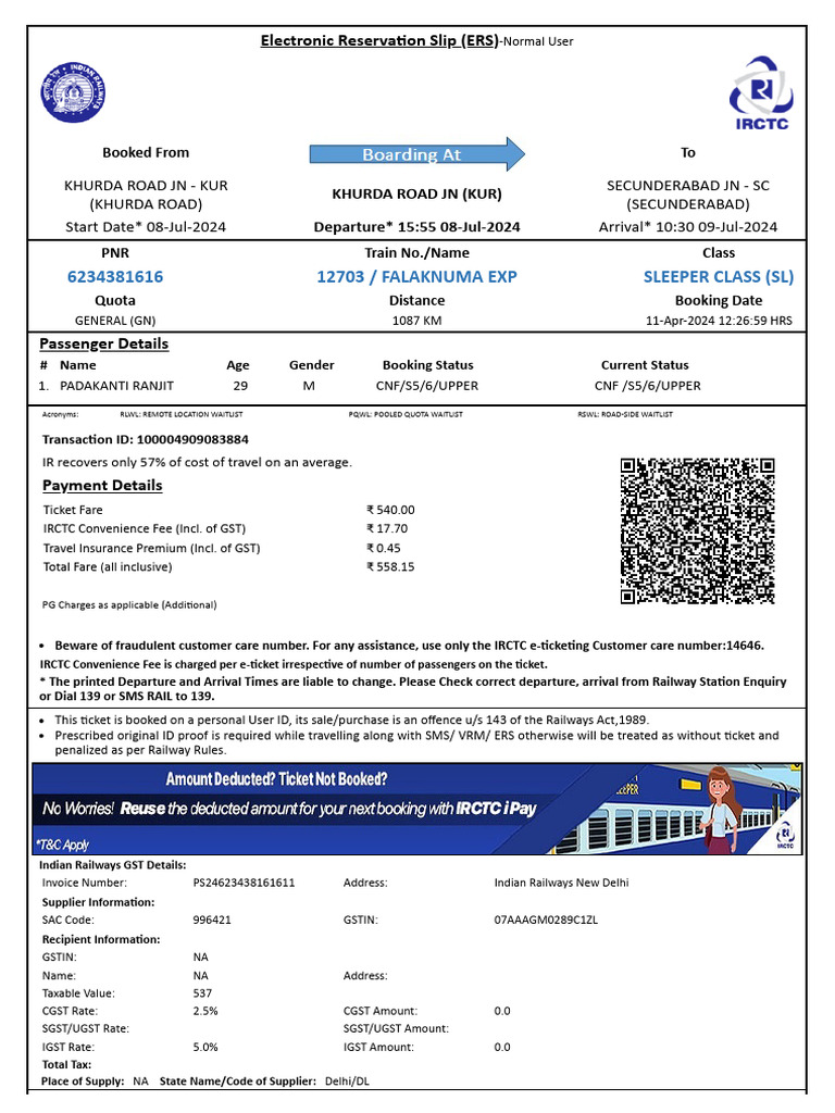 Khurda Road Train Ticket Details | PDF | Identity Document | Payments