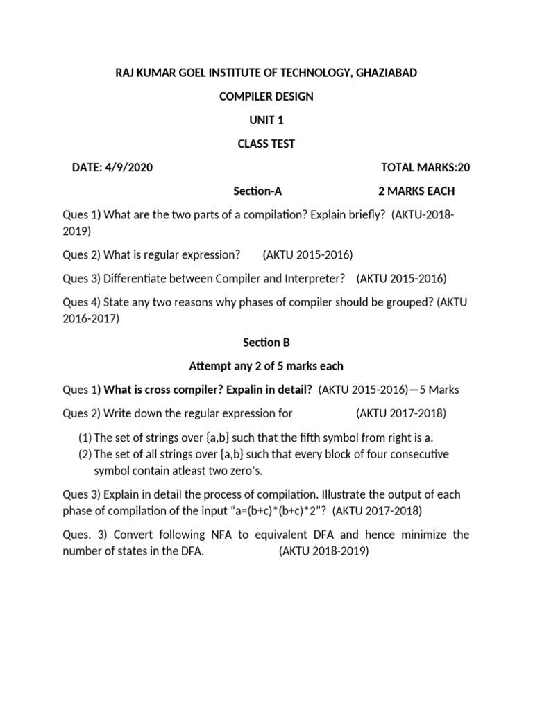 Compiler Design Class Test Questions | PDF
