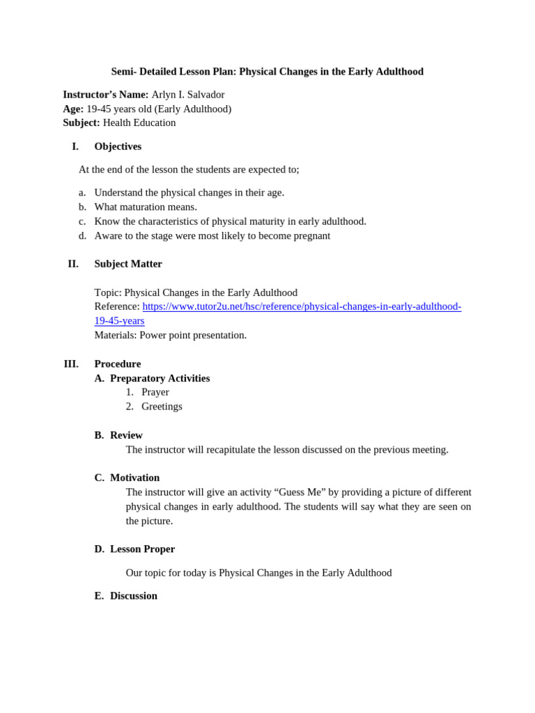 Lesson Plan. Early Adulthood | PDF | Wellness